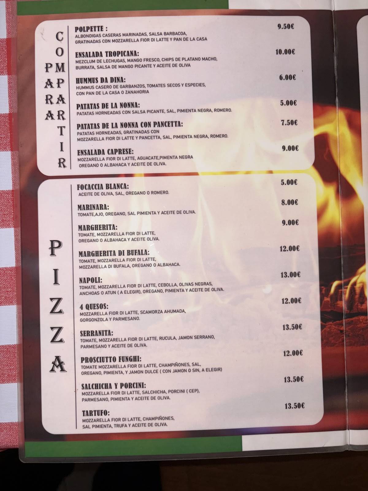 Carta de Da Dina Restaurante y pizzeria, Barcelona