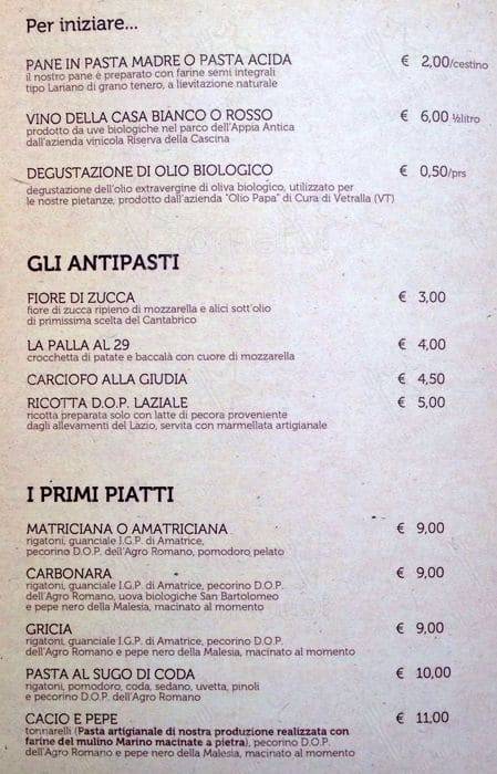 Menu at Trattoria Da Enzo al 29 restaurant, Rome