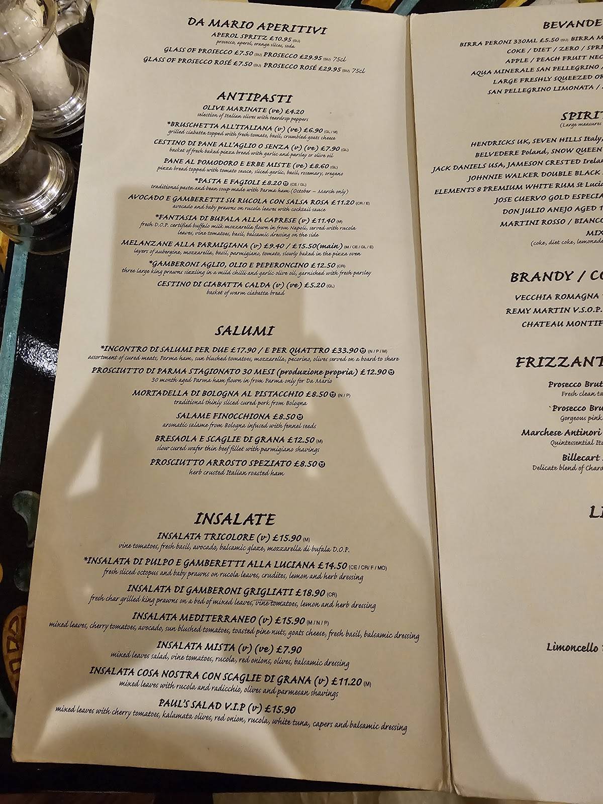 Menu at Da Mario Kensington restaurant, London, 15 Gloucester Rd