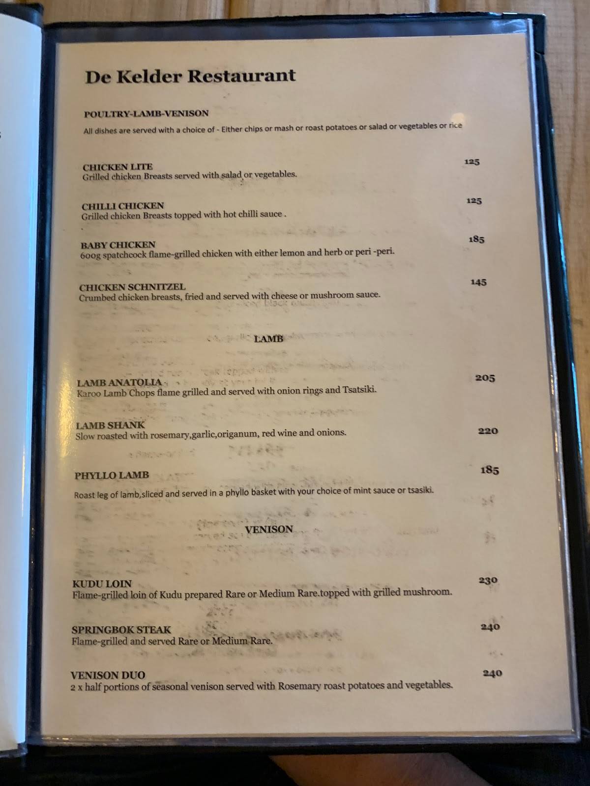 Menu at De Kelder Restaurant Port Elizabeth, Port Elizabeth