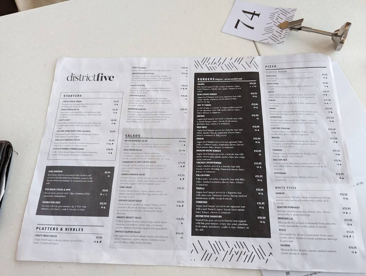 Menu at District Five restaurant, Birżebbuġa