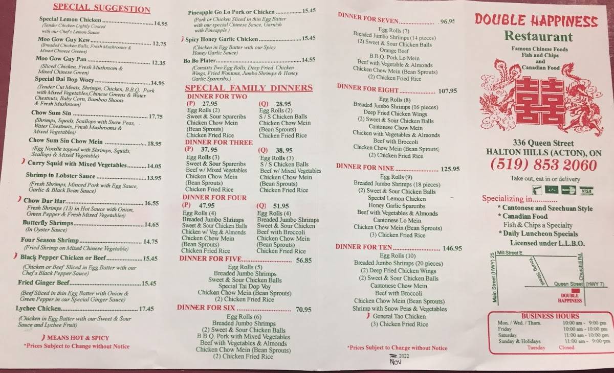 Menu at Double Happiness Restaurant, Acton