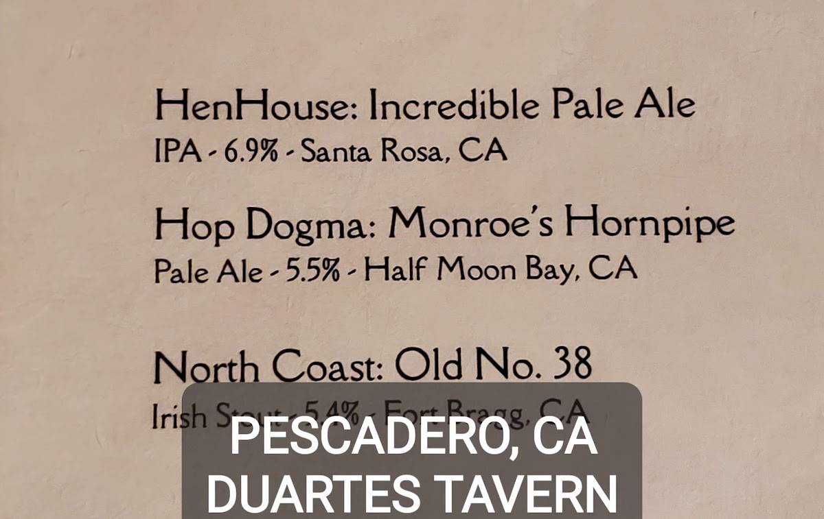 Menu at Duarte's Tavern restaurant, Pescadero