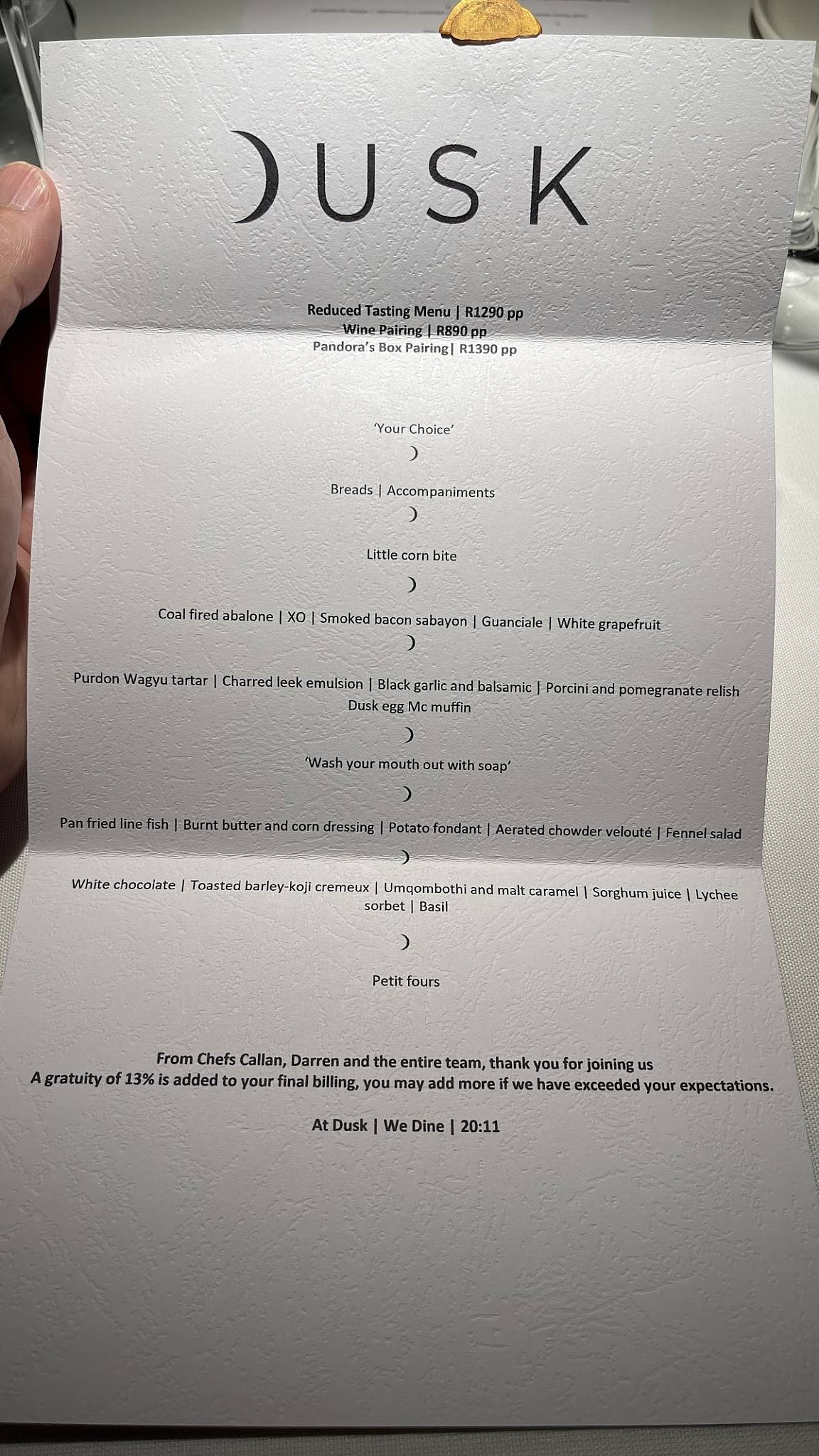 Menu at Dusk Restaurant, Stellenbosch
