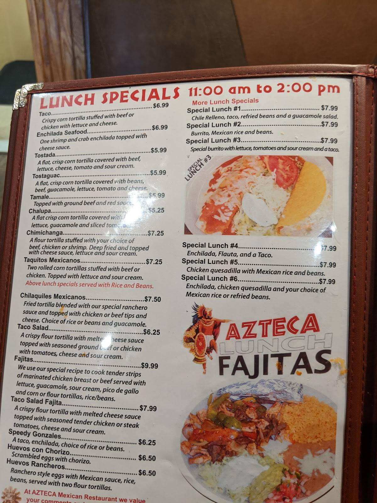 Menu at El Azteca restaurant, Worthington