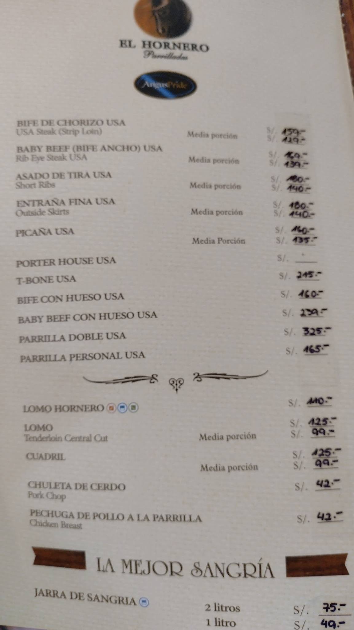 Carta del restaurante El Hornero Chorrillos, Miraflores