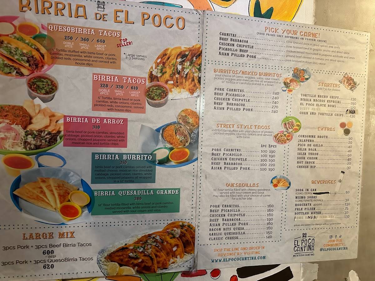 Menu at El Poco Cantina restaurant, Manila