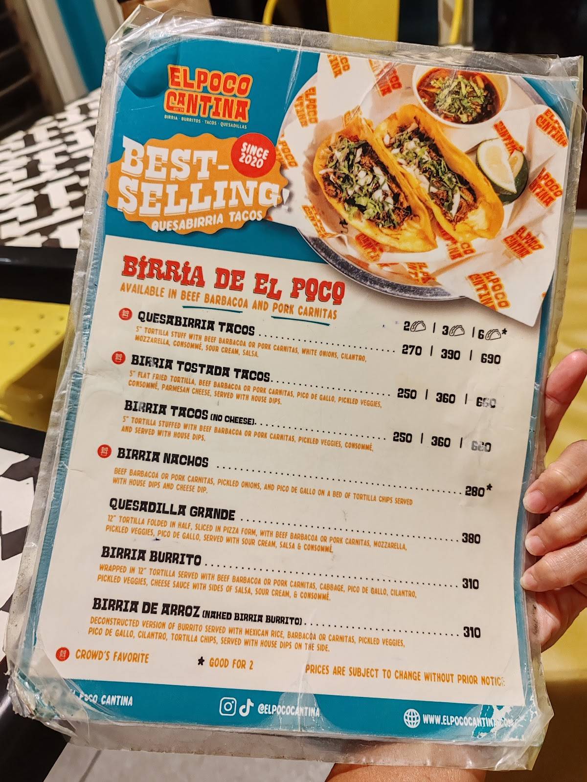 Menu at El Poco Cantina restaurant, Manila