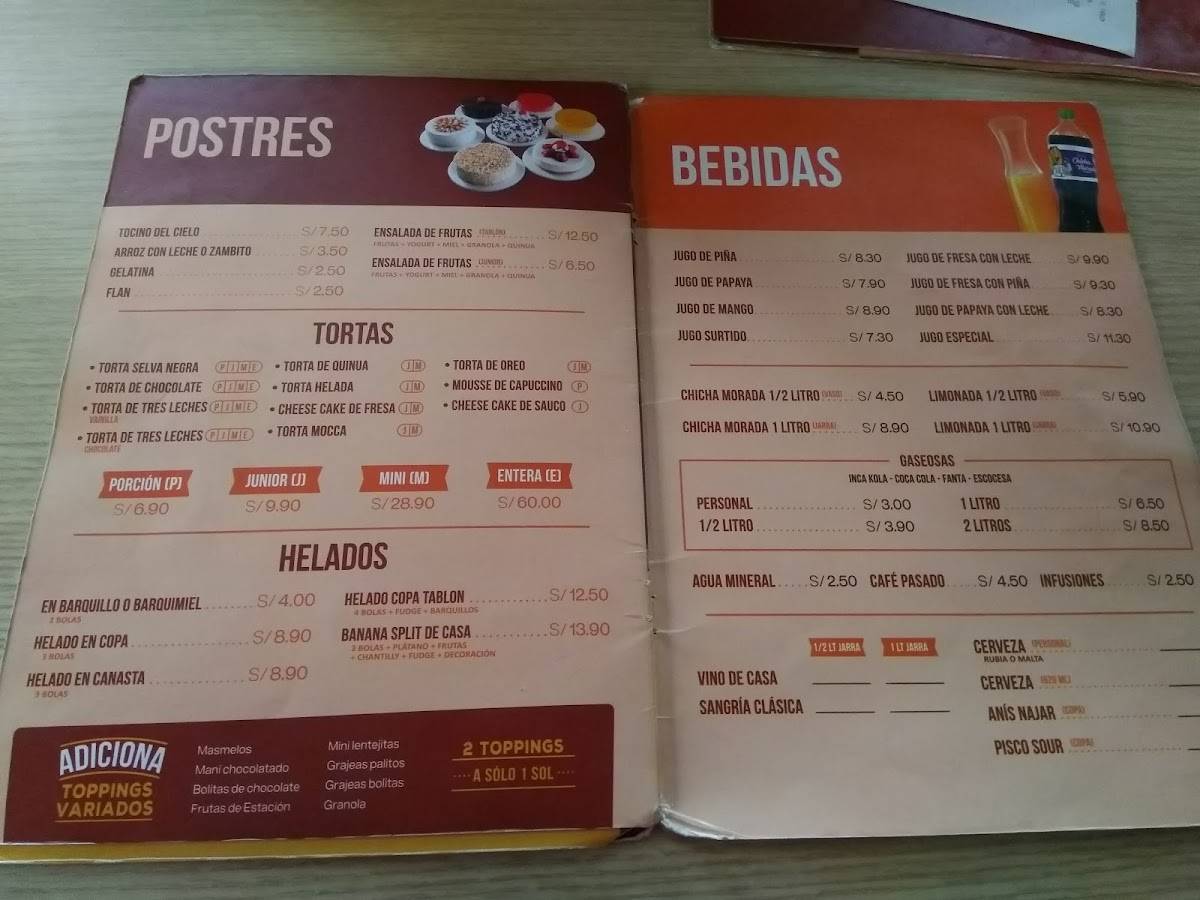 Carta del restaurante El Tablón, Arequipa, Av. Mariscal Castilla 105