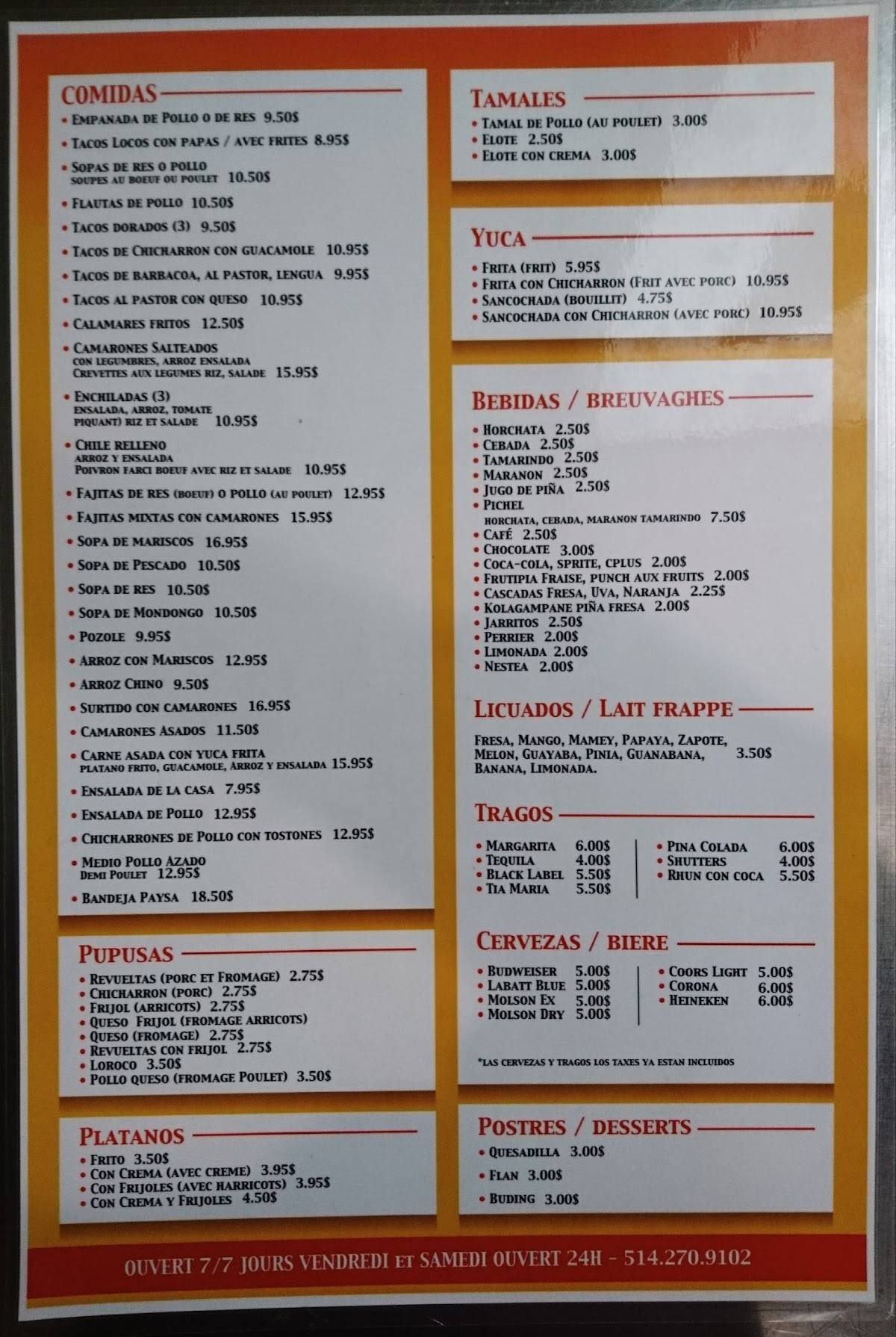 Carta de Restaurant El Tropical, Montréal
