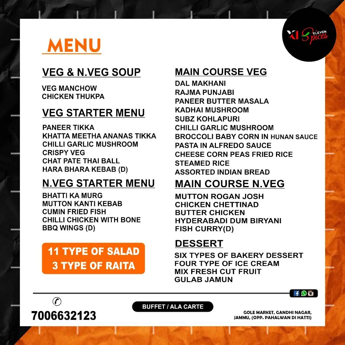 Menu at Eleven spices BUFFET / ALA CARTE BUFFET RESTAURANT IN JAMMU TOP ...