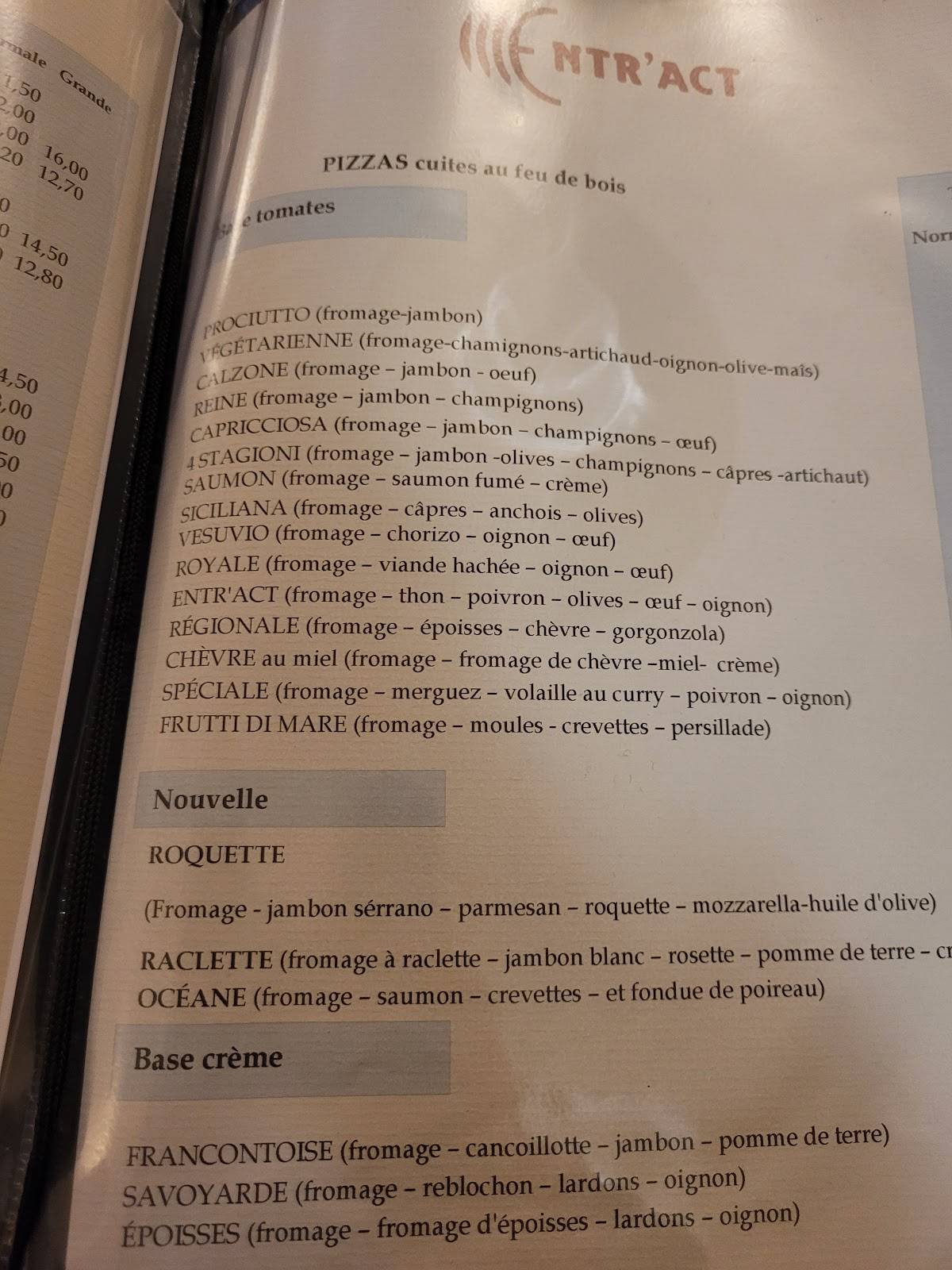 Menu au Restaurant Entr'act, Semur-en-Auxois