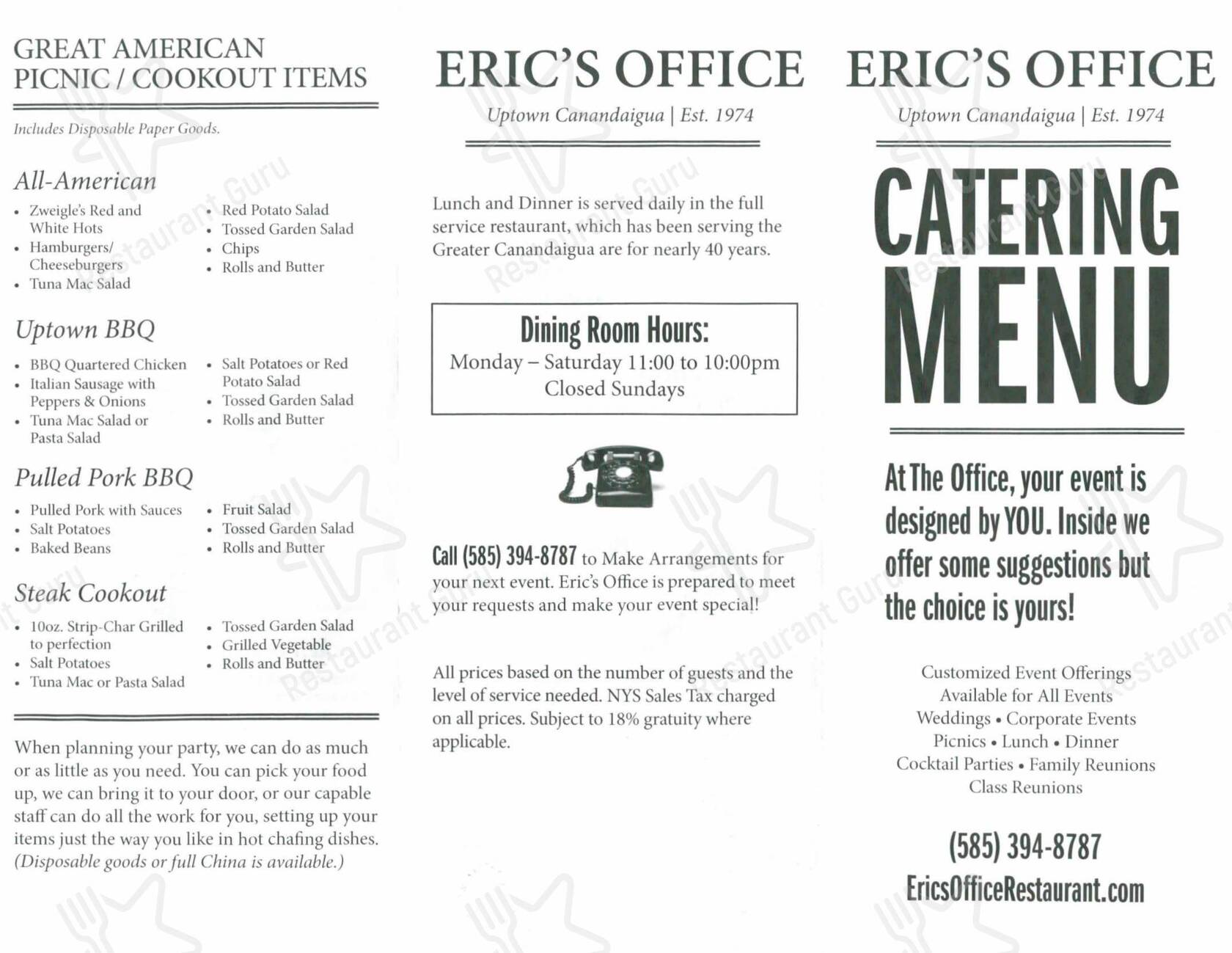 Menu at Eric's Office Restaurant, Canandaigua