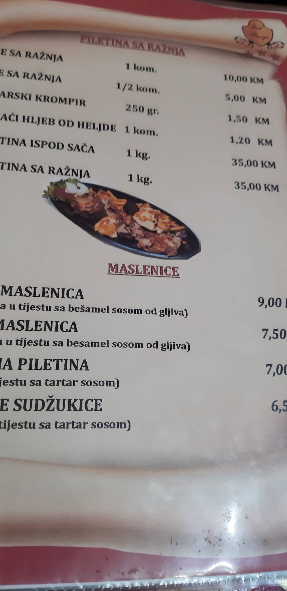 Menu at Esmeralda restaurant, Sarajevo