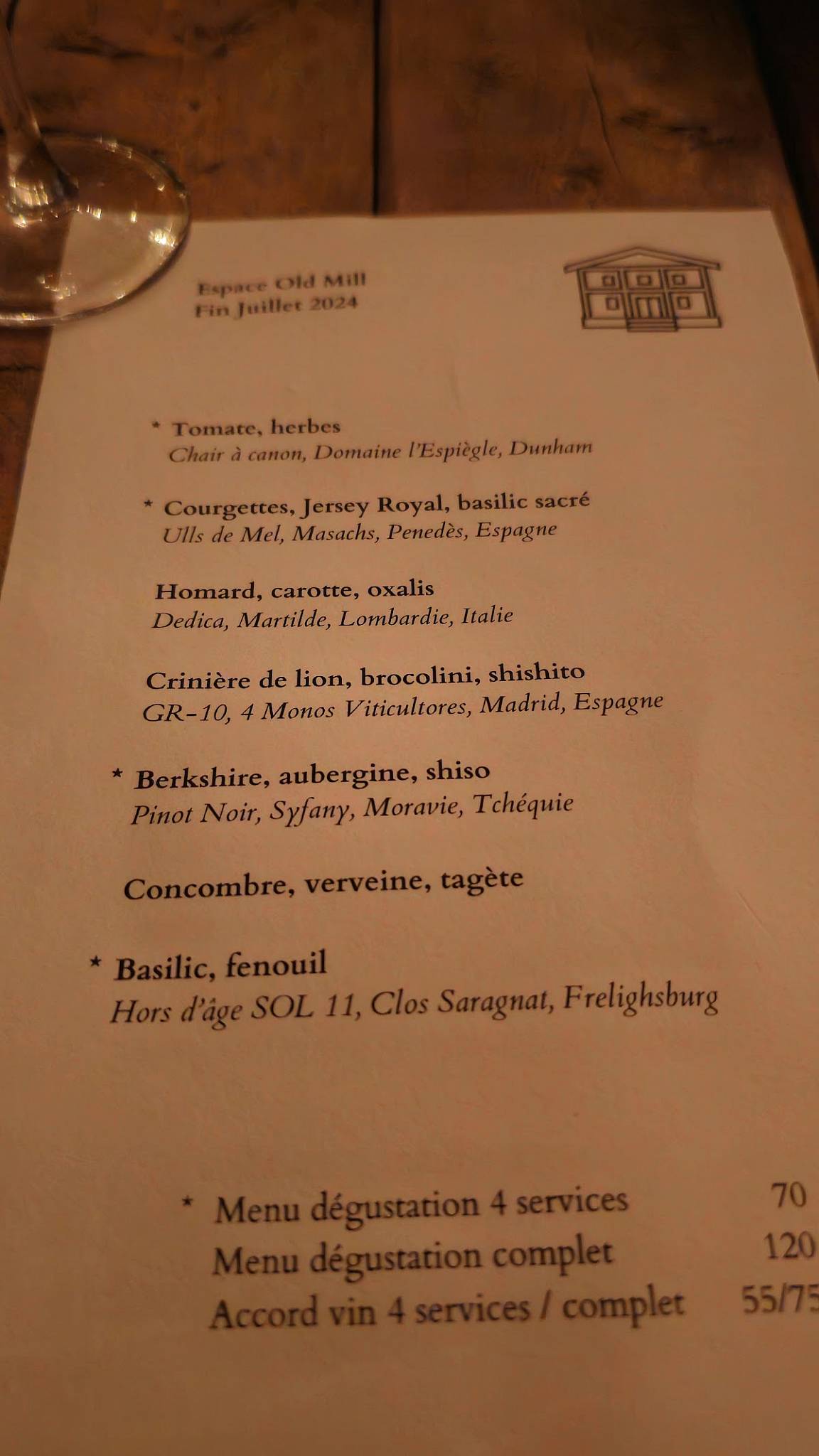 Menu at Espace Old Mill restaurant, Canada
