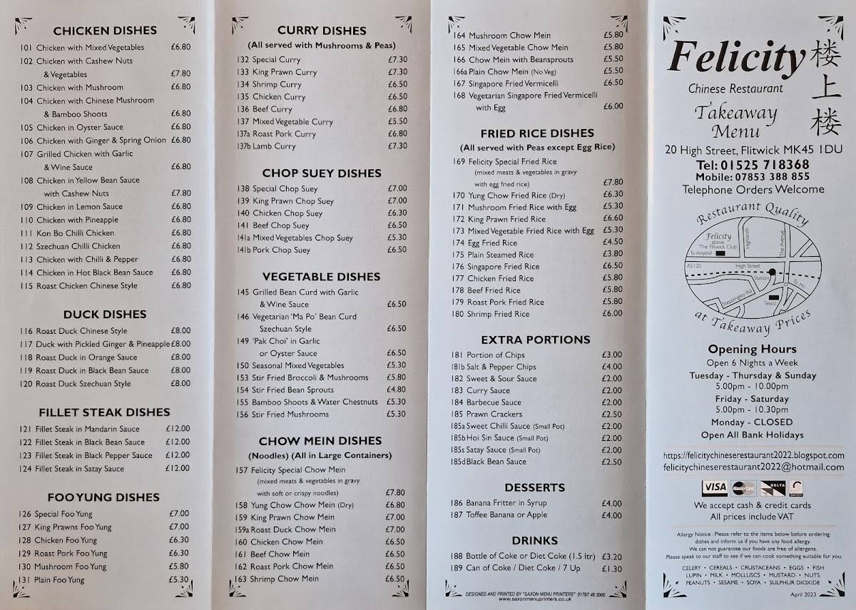 Menu at Felicity Chinese Restaurant, Westoning