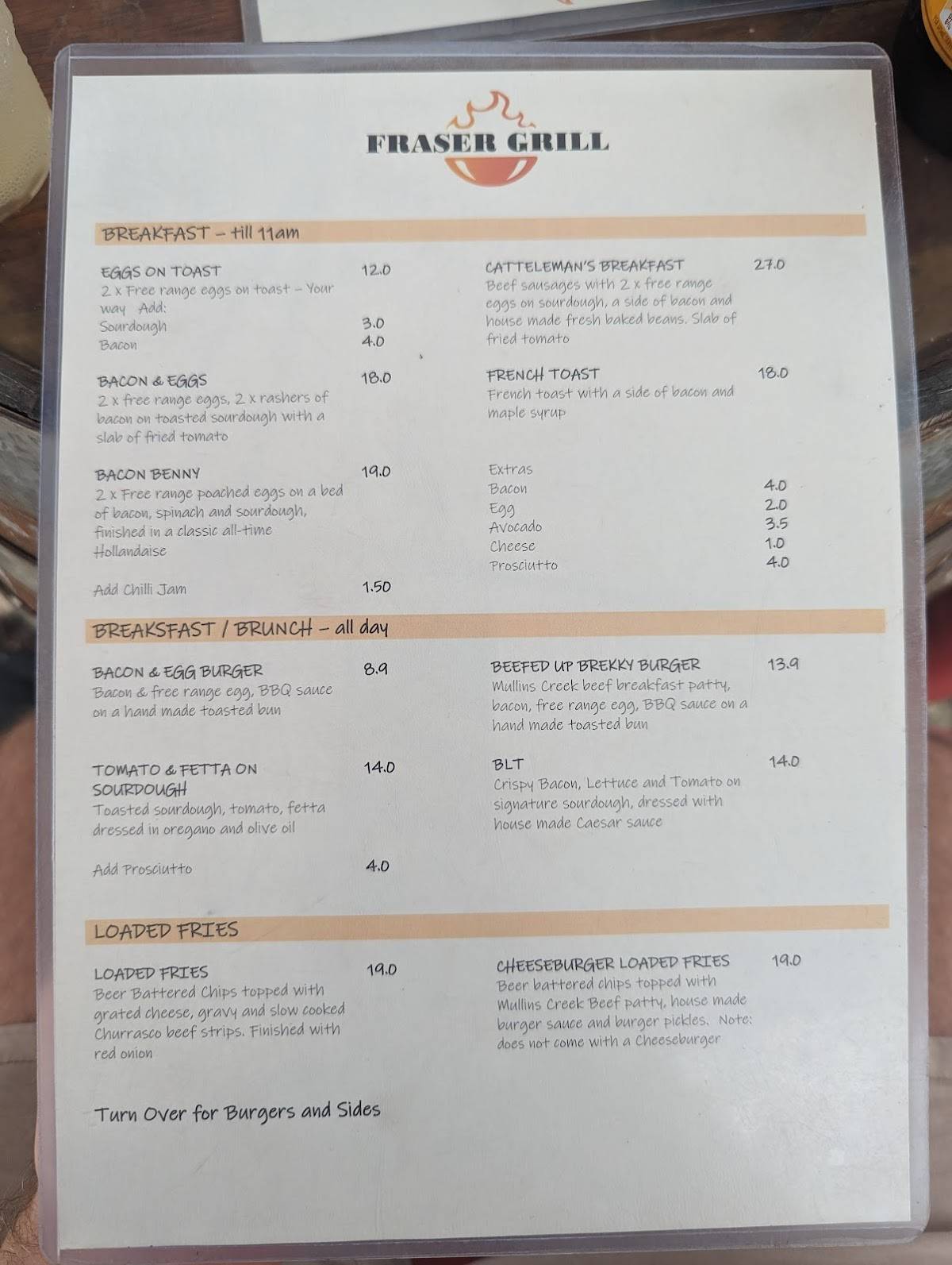 Menu at Fraser Grill restaurant, Goomboorian