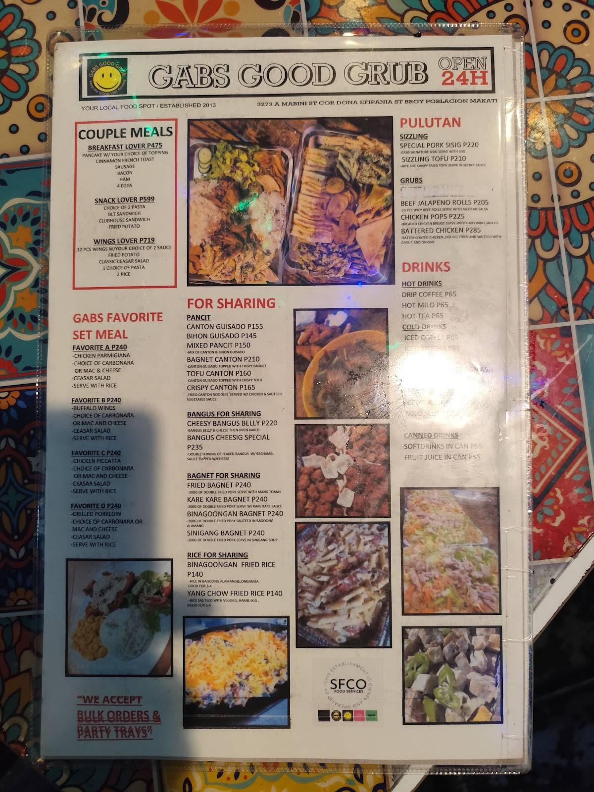 Menu at Gab's Good Grub restaurant, Makati