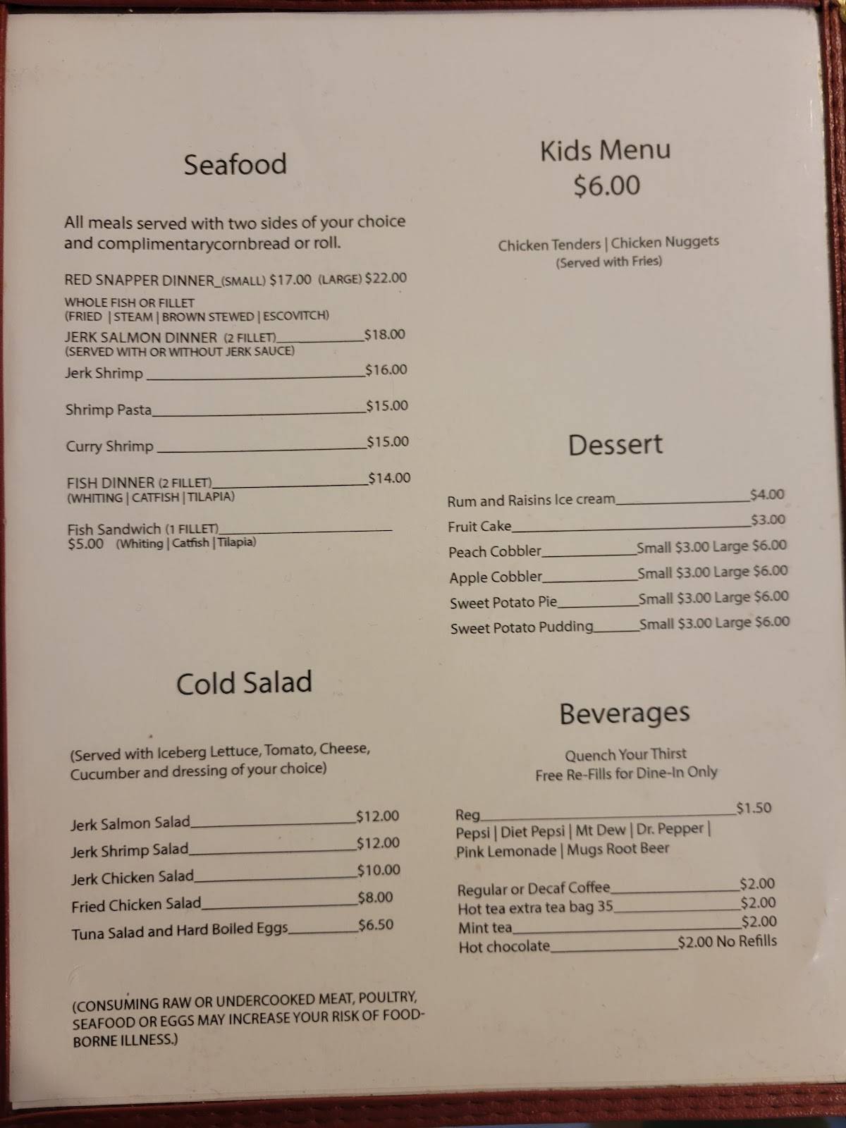 Menu at Gee's Caribbean Style restaurant, Cincinnati