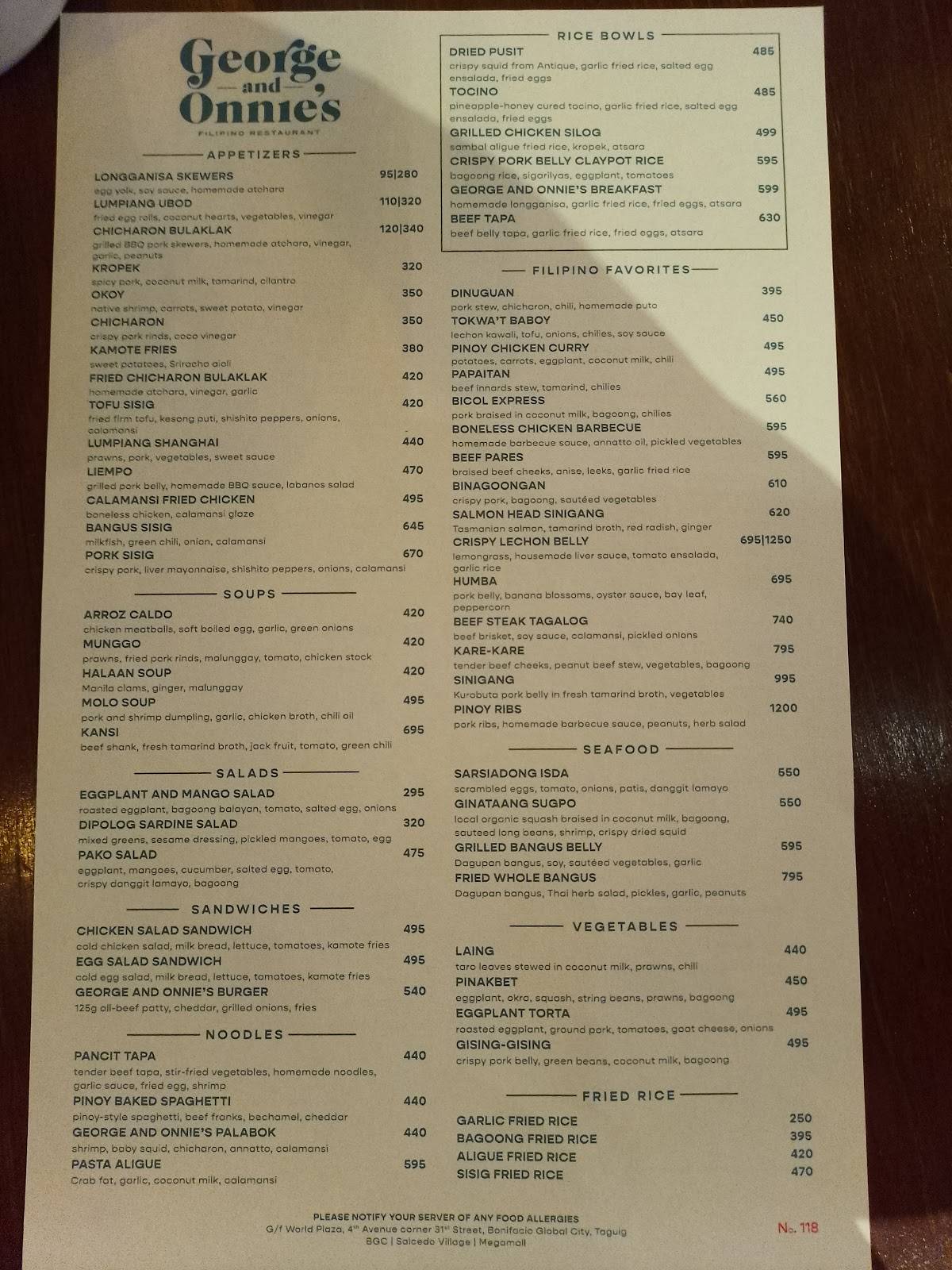 Menu at George and Onnie's - BGC restaurant, Taguig, Ground Floor