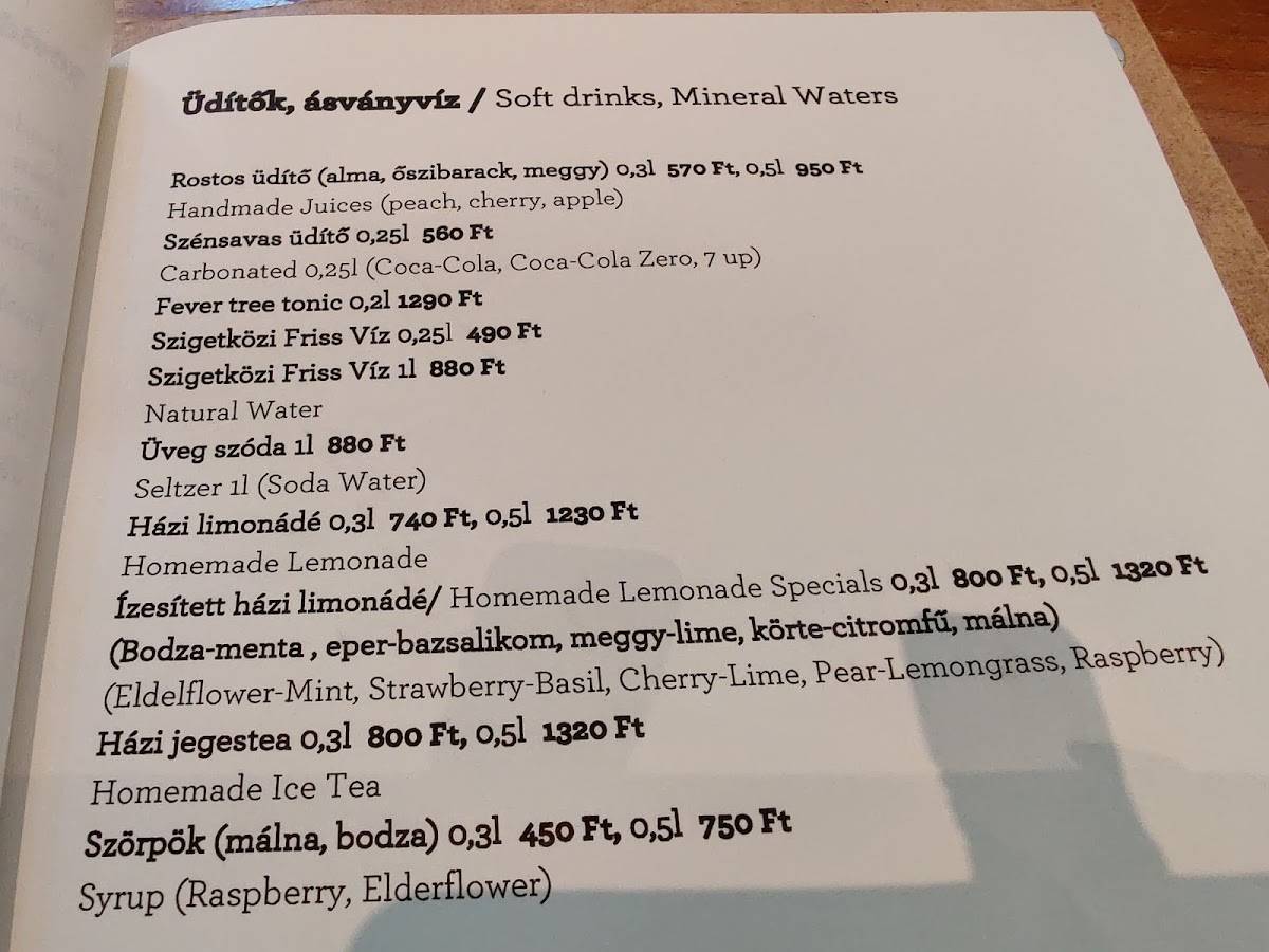 Menu at Gettó Gulyás restaurant, Budapest