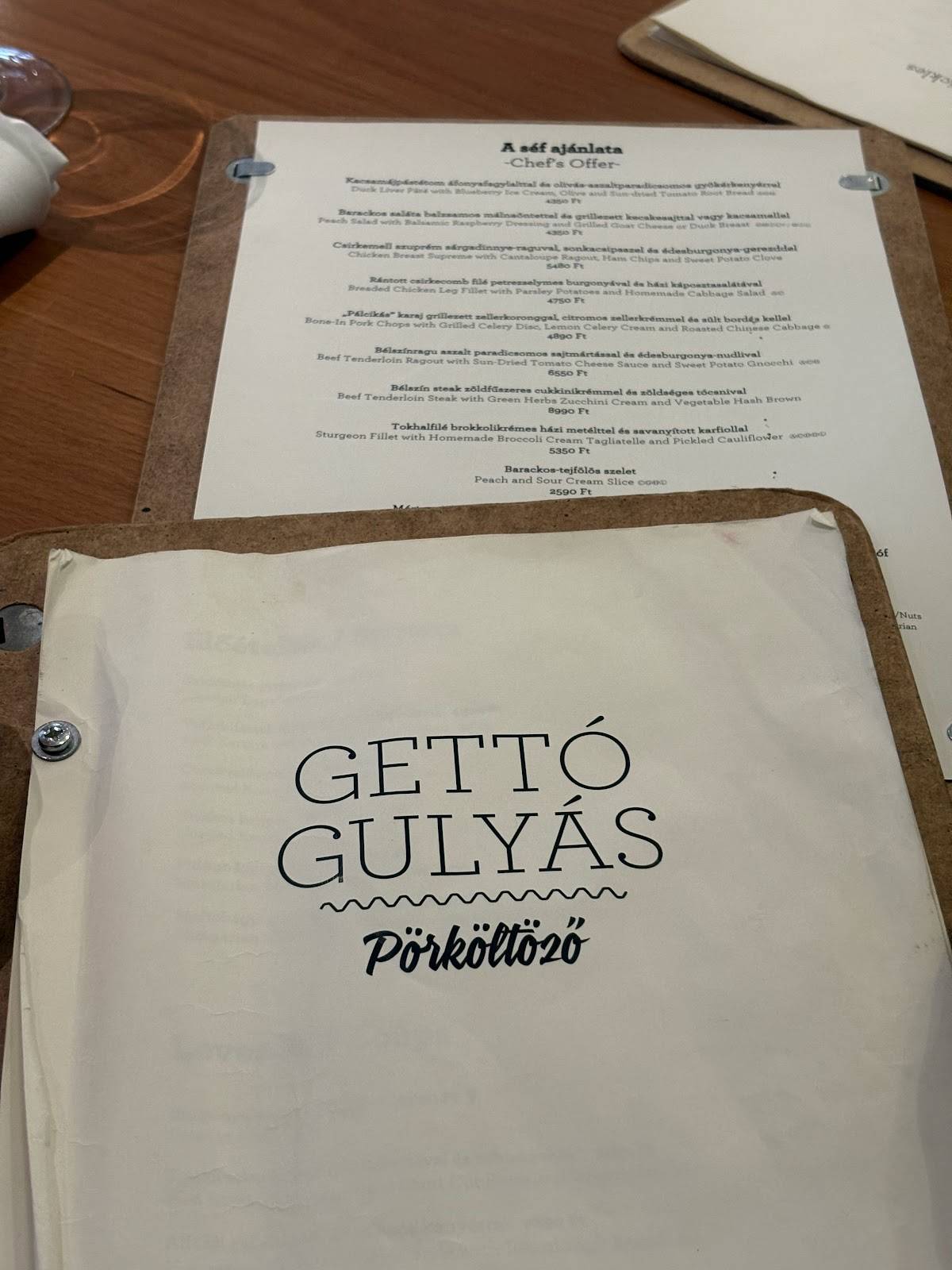 Menu at Gettó Gulyás restaurant, Budapest