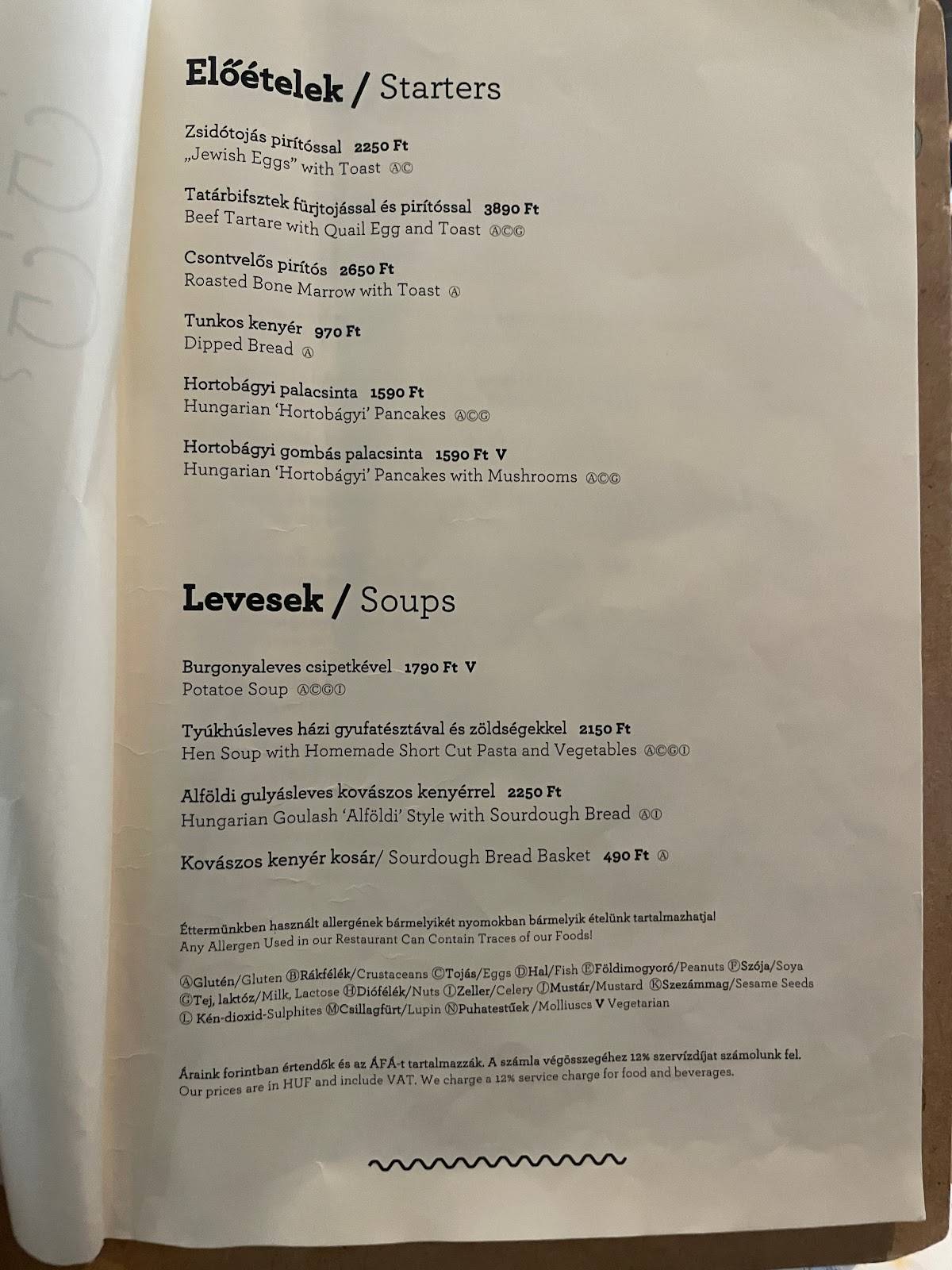 Menu at Gettó Gulyás restaurant, Budapest