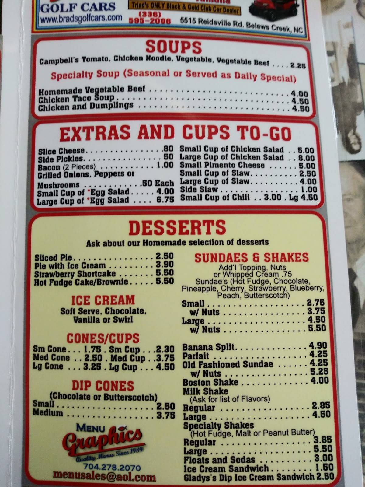 Menu at Glenn's restaurant, Wilkesboro