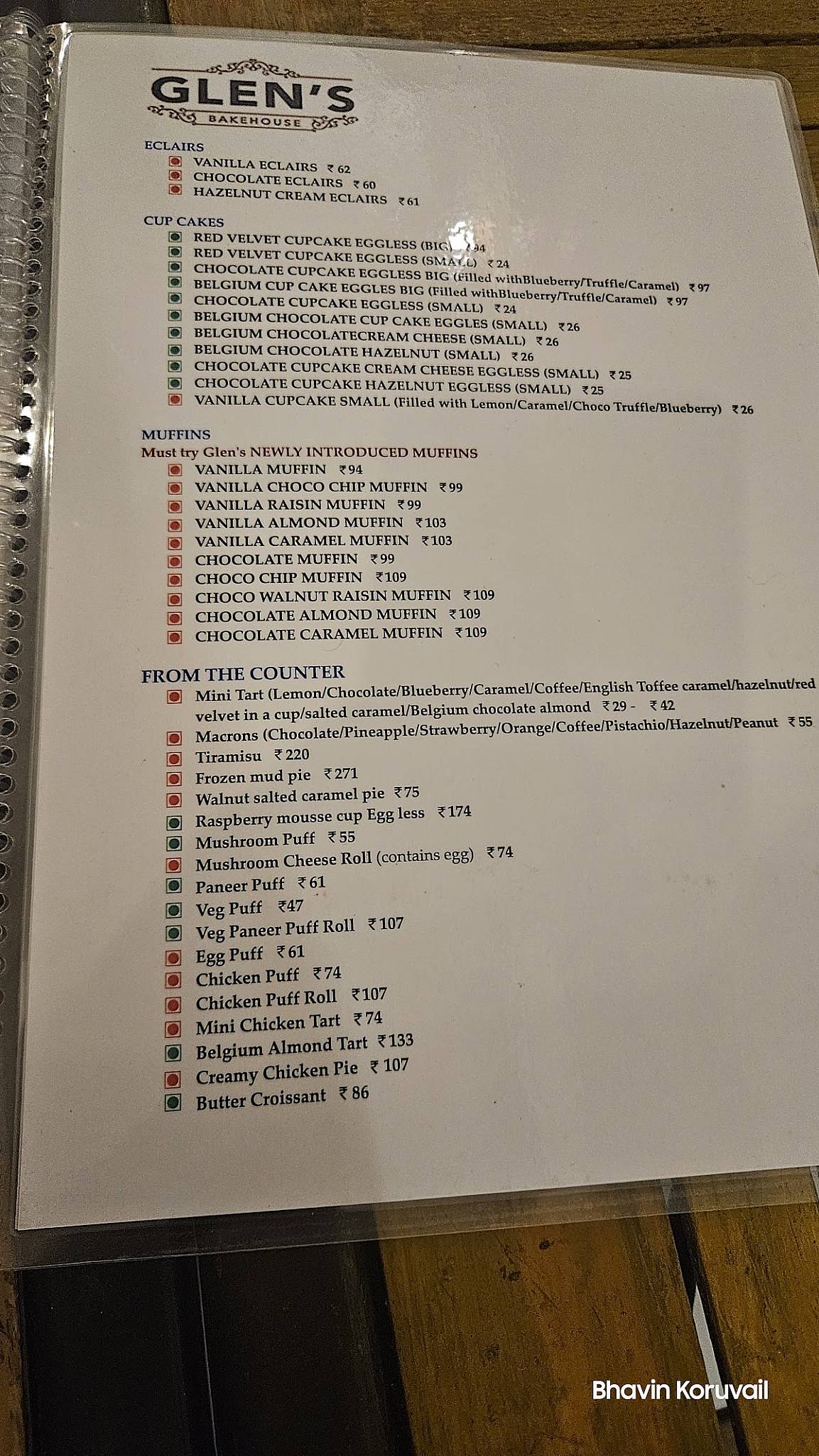 Menu at Glen's Bakehouse, Chennai