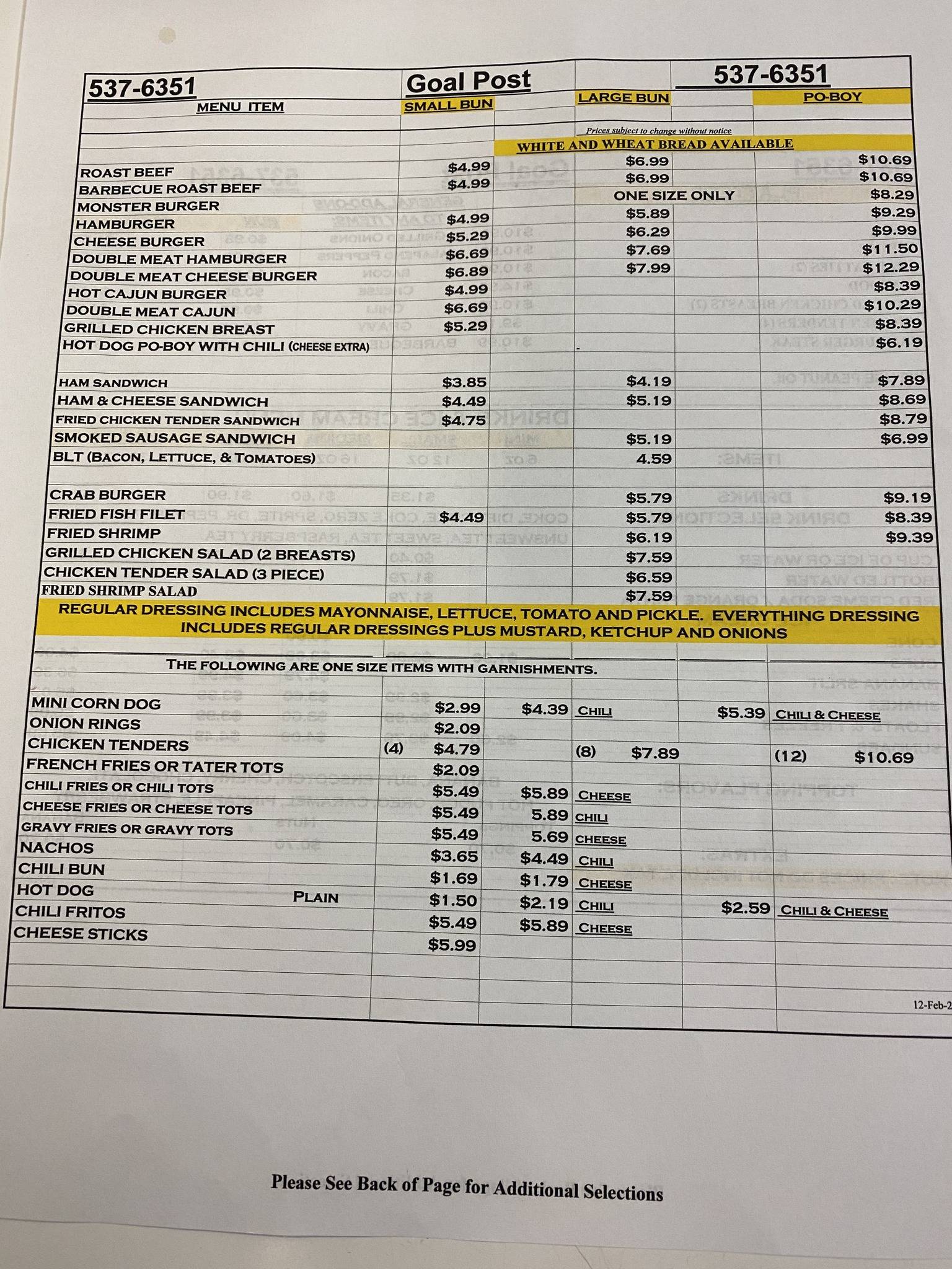 Menu at Goal Post Drive Inn restaurant, Raceland
