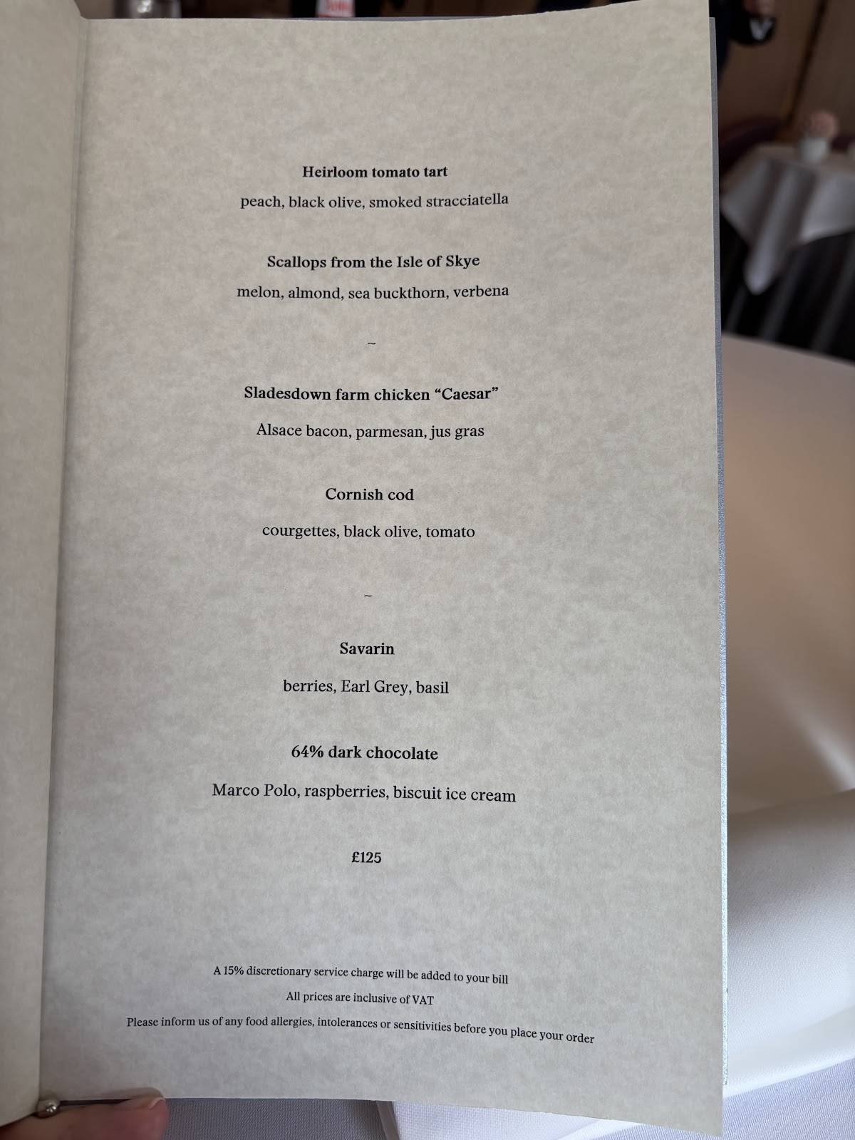 Menu at Restaurant Gordon Ramsay, London, 68 Royal Hospital Rd