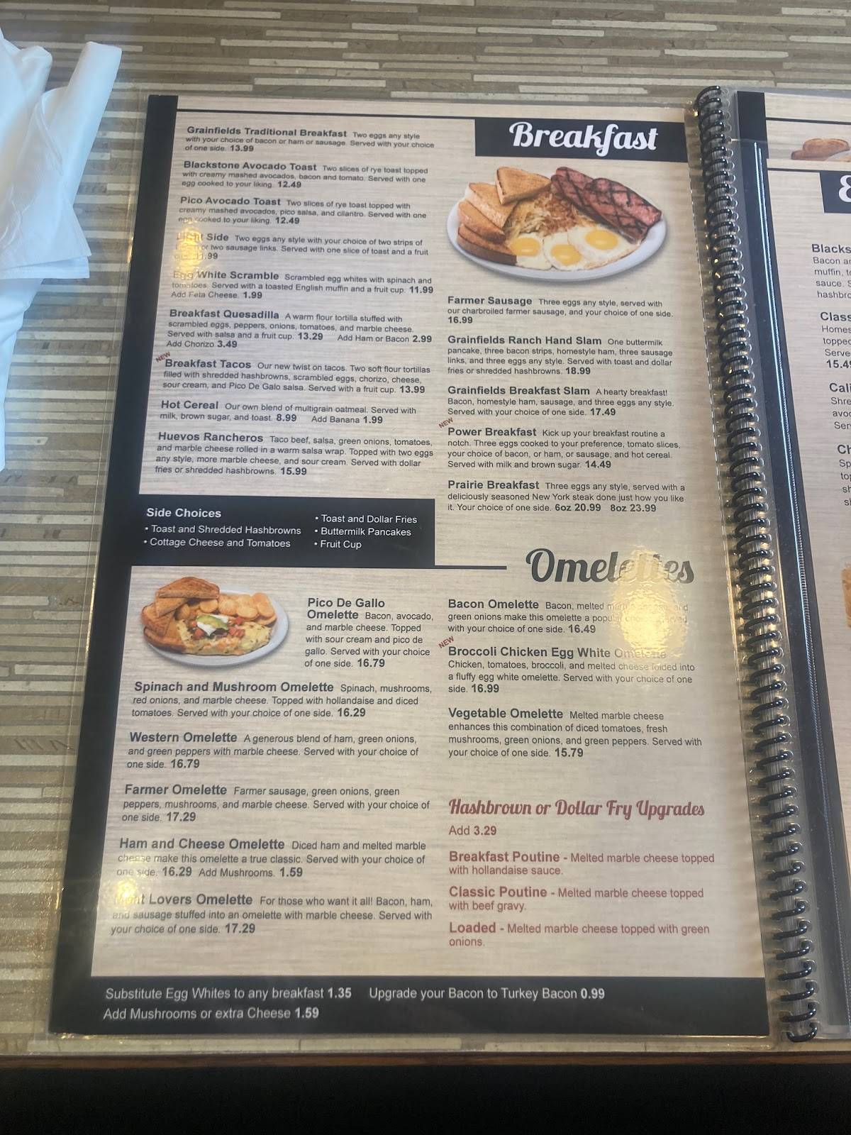 Menu at Grainfields restaurant, Saskatoon, 810 Circle Dr