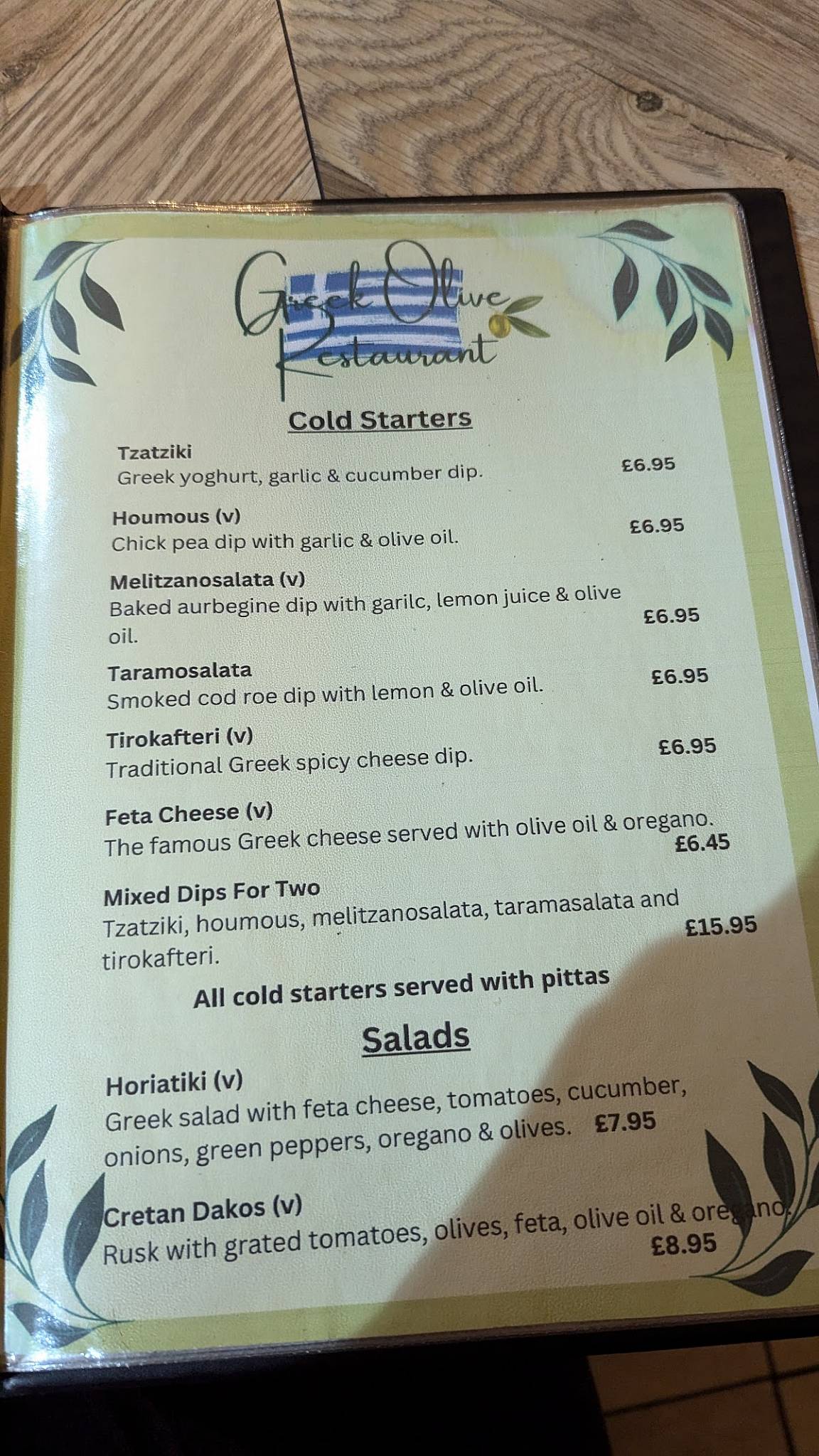 Menu at Greek Olive restaurant, Swindon