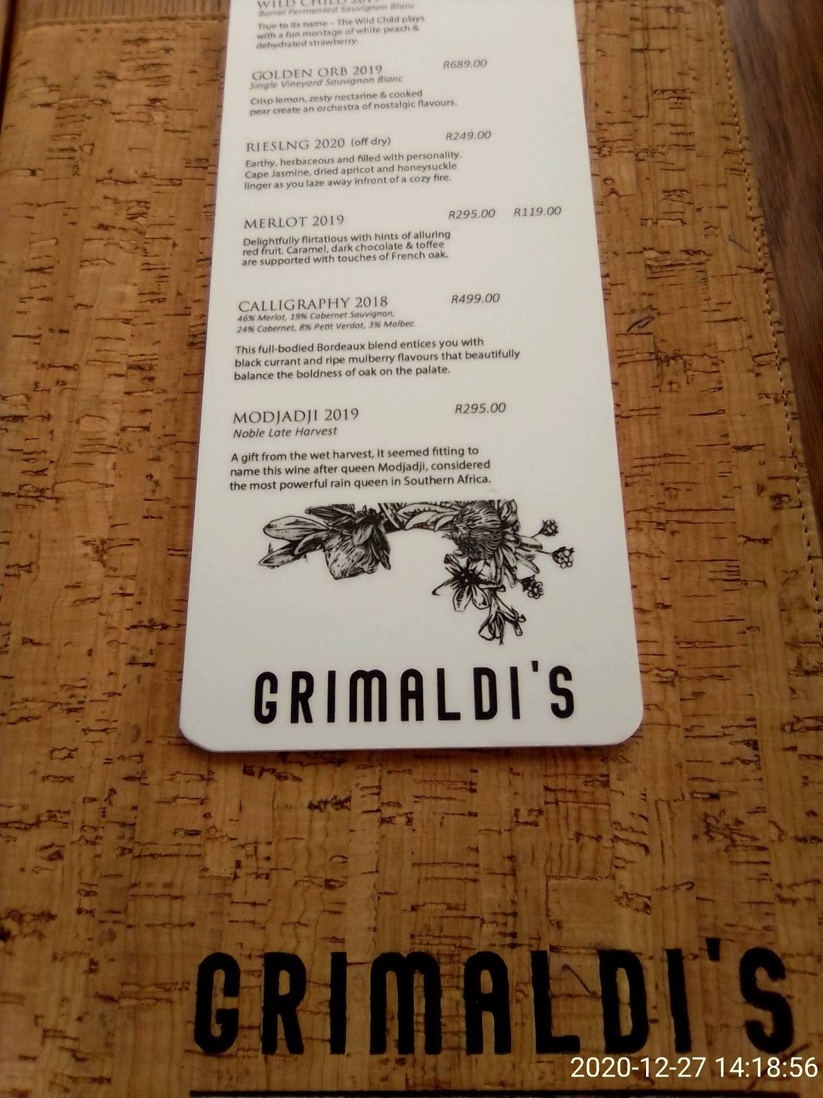 Menu at Grimaldi's restaurant, Durban
