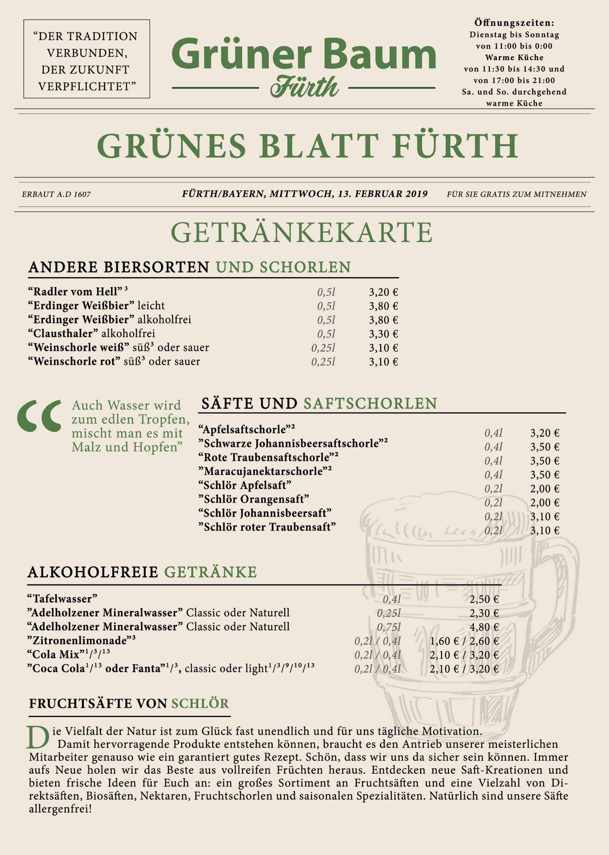 Speisekarte von Grüner Baum Fürth restaurant, Fürth