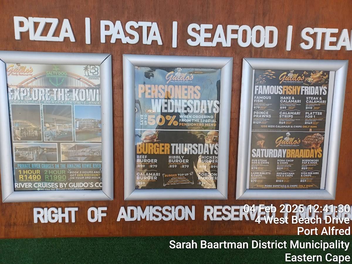 Menu at Guido's Port Alfred restaurant, Port Alfred