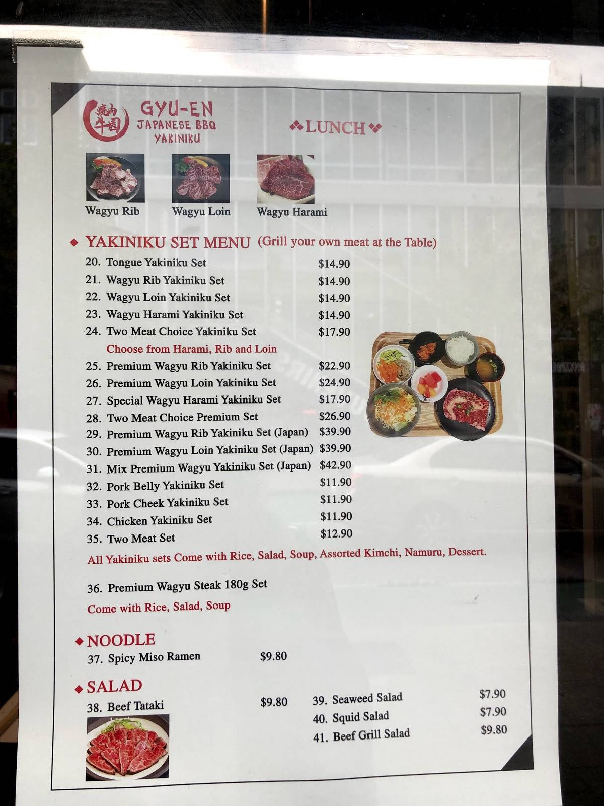 Menu at Gyu-en restaurant, Perth
