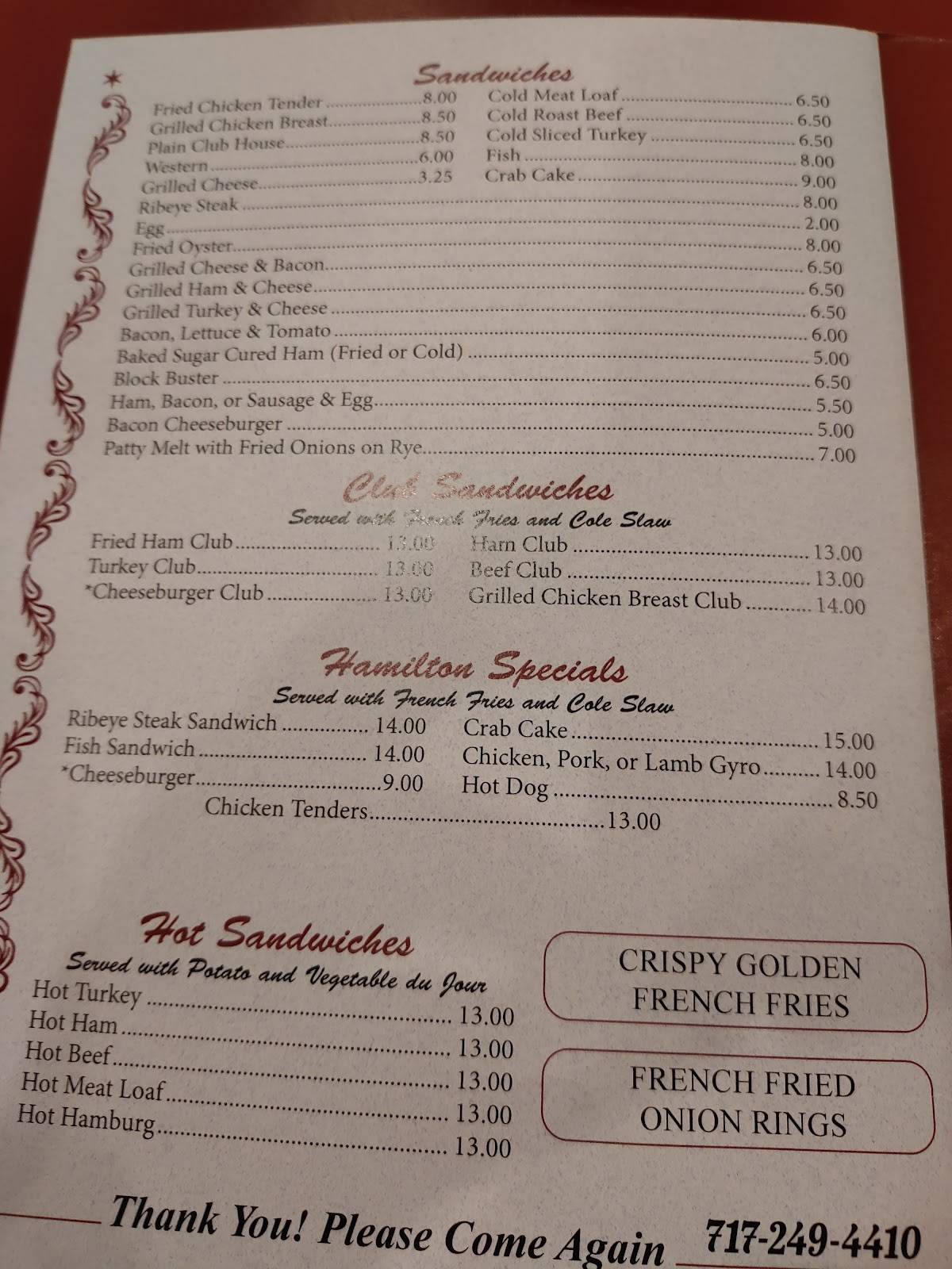 Menu at Hamilton Restaurant, Carlisle