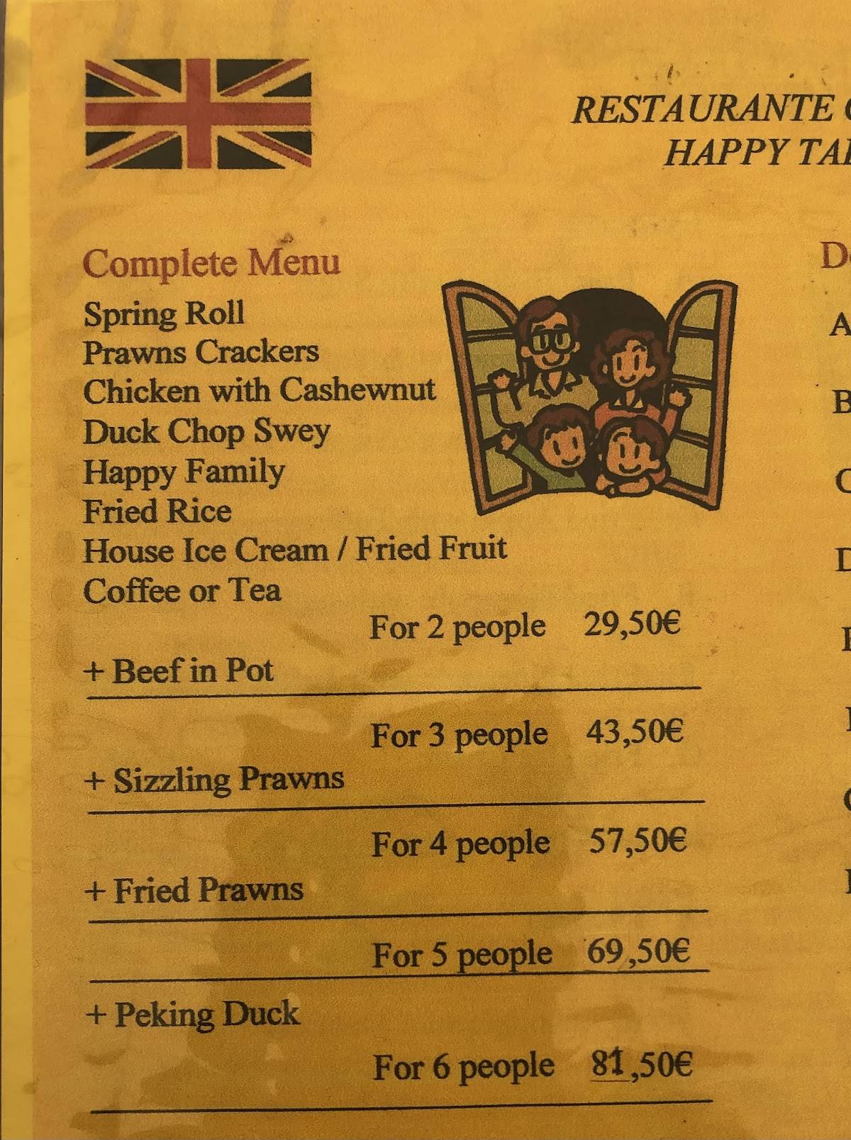 Menu em Happy Talk restaurante, Armação de Pêra