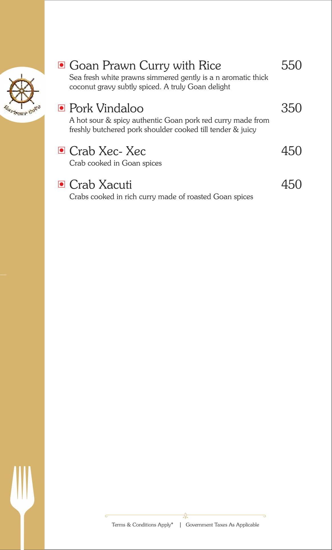 Menu at Harbour cafe, Bambolim, Bairo alto dos