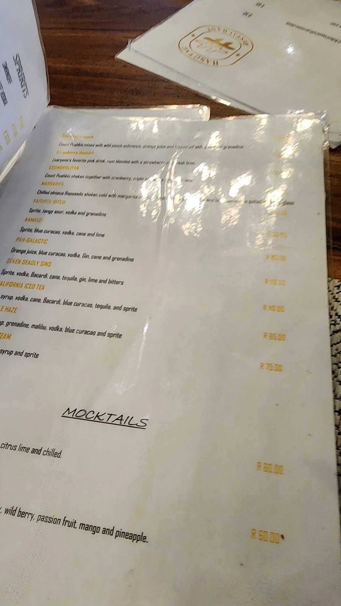 Menu at One ten bar and restaurant, Durban