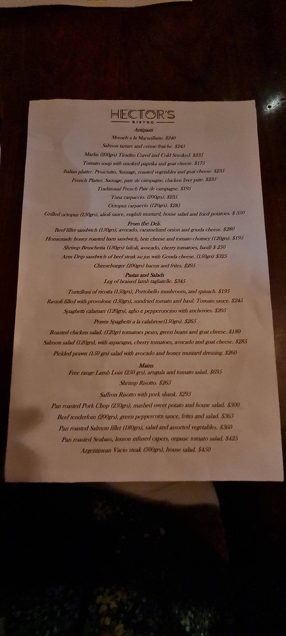 Carta del restaurante Hector's Bistro, Mazatlán