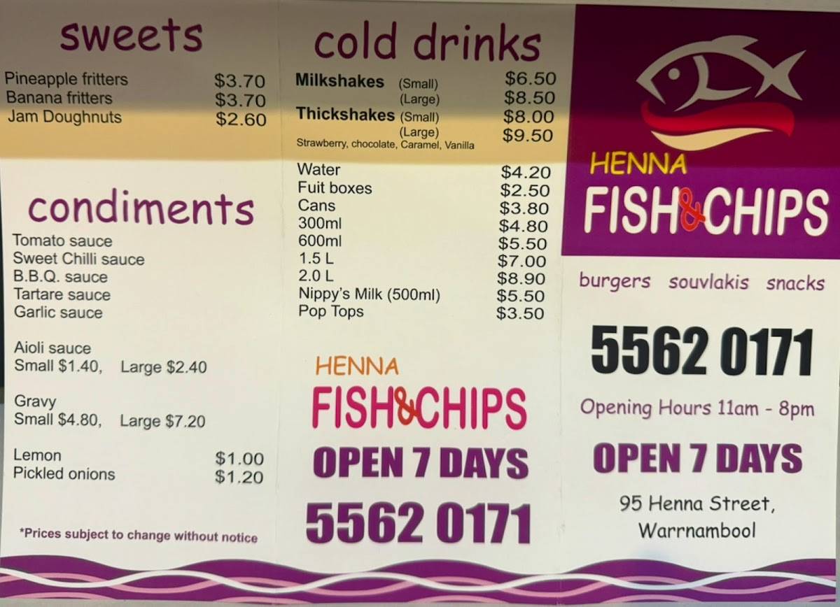 Menu at Henna Fish & Chips restaurant, Warrnambool