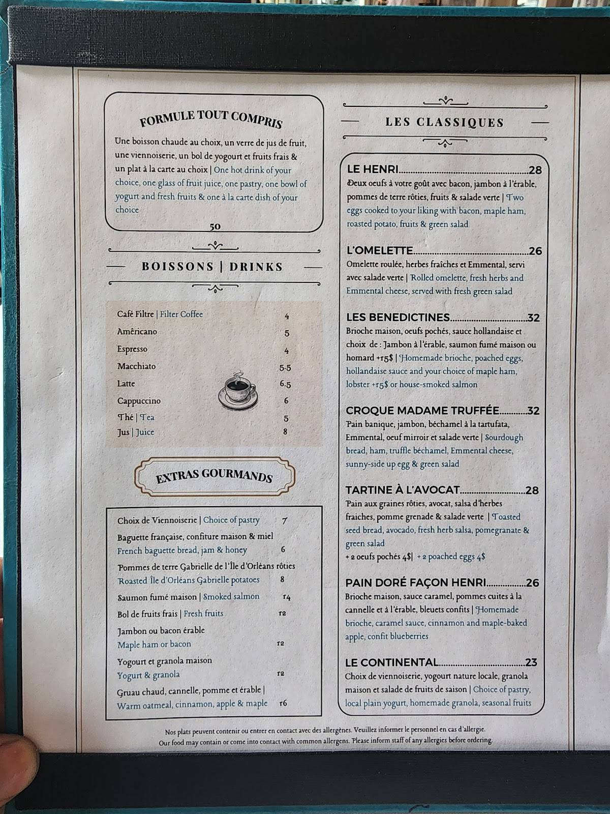 Menu at Henri Brasserie Française + Lounge restaurant, Montréal