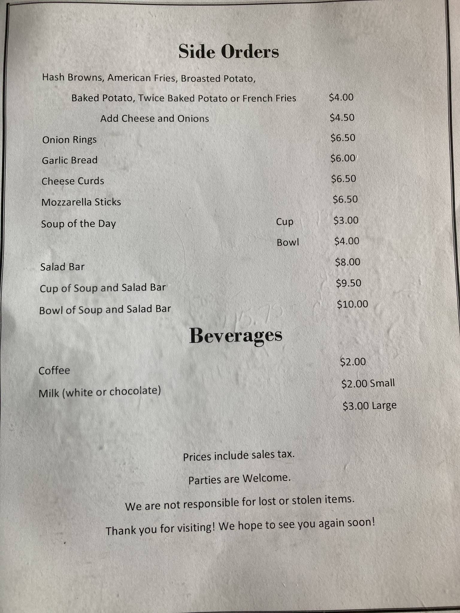 Menu at Hidden Valley Supper Club, USA