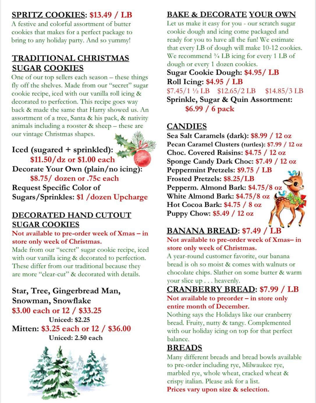Menu at Hill Top Bakery, Kaukauna