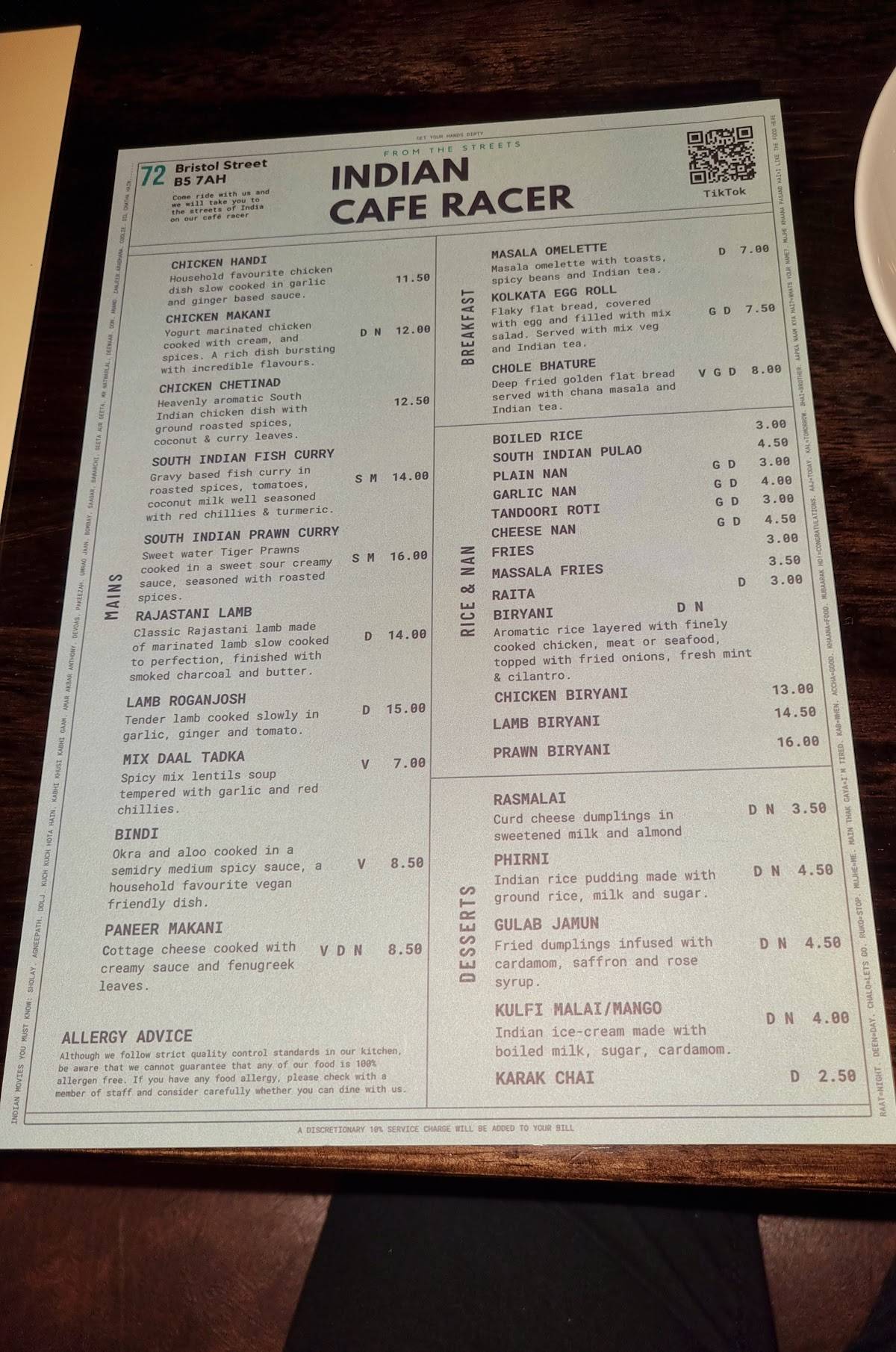 Carta de Indian Cafe Racer, Birmingham