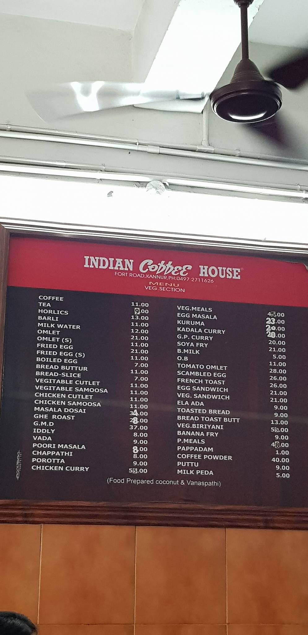 Menu at Indian Coffee House, Fort Road, Kannur, Fort Rd