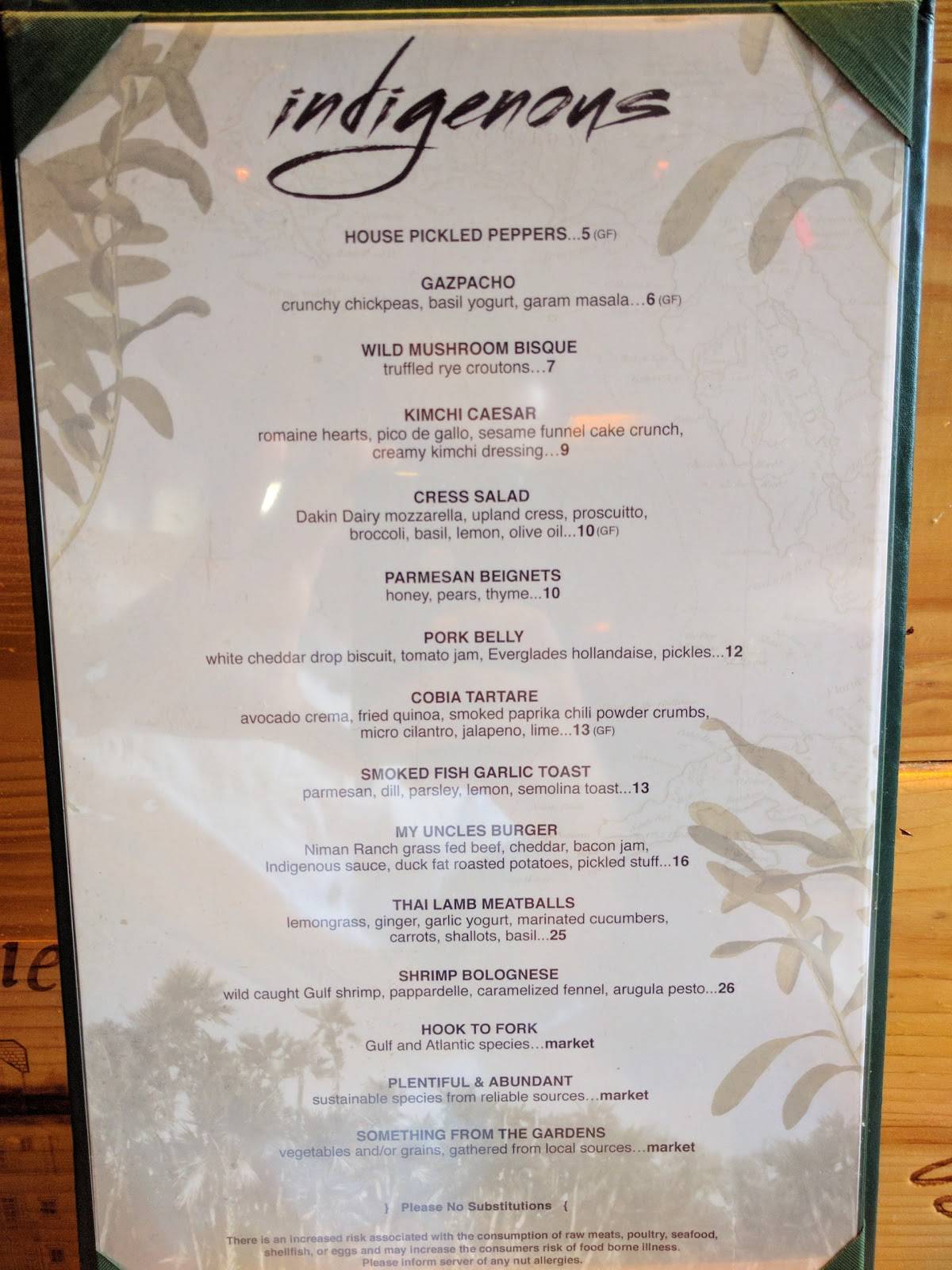 Menu at Indigenous Restaurant, Sarasota