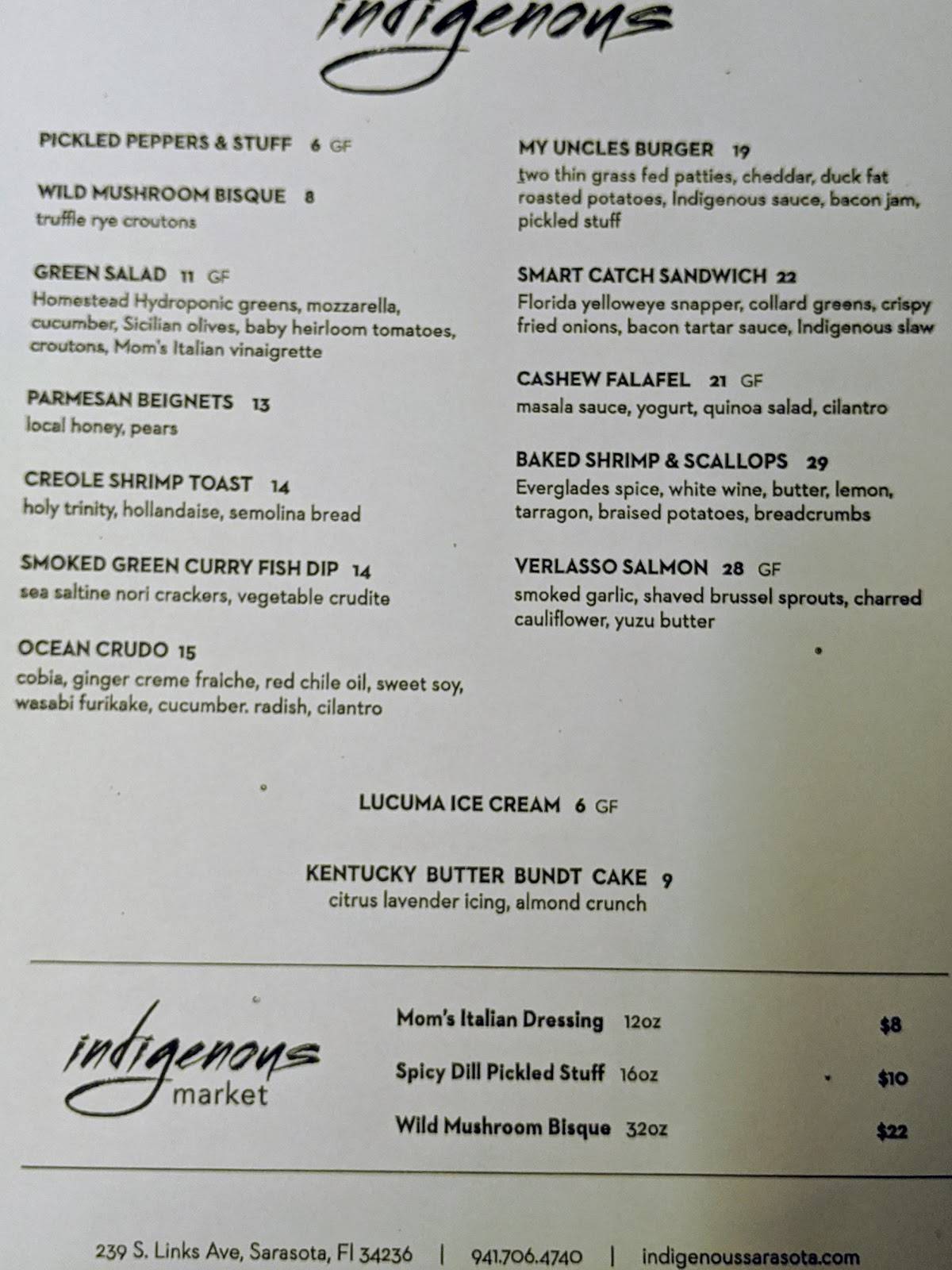 Menu at Indigenous Restaurant, Sarasota